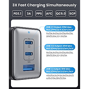 128W USB C Wall Charger,GaN III 3-Port Fast Charging Station,PD QC Foldable Charger Block Portable 65W Laptop Adapter for MacBook Pro/Air,iPad Pro,Galaxy S23,Dell XPS 13,iPhone 15/Pro etc Black