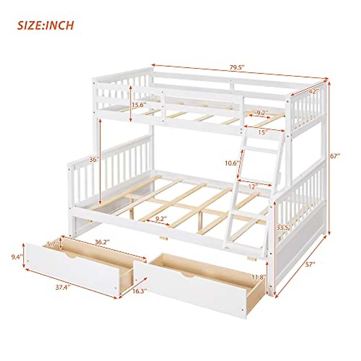 BIADNBZ Twin Over Full Bunk Bed with Two Drawers, Convertible Bunkbeds, Solid Wood Bedframe Furniture with Storage and Ladder, for Kids Teens Adults Bedroom, White