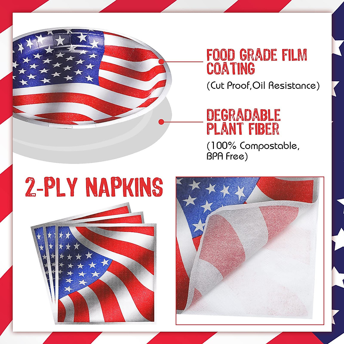 Mumufy 100 Pcs American Flag Patriotic Plates and Napkins 4th of July Party Supplies July 4th Disposable Paper Plates Napkins for Veterans Day Independence Day Decoration, Serves 50(Vivid)