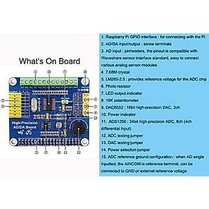 High-Precision AD/DA Expansion Board for Raspberry Pi 4B/3B+/3B/2B/Zero/W/Zero WH and Jetson Nano,Add High-Precision AD/DA Functions to Pi. Onboard ADS1256 8-CH 24bit ADC and DAC8532 2-CH 16bit DAC
