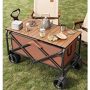 Collapsible Foldable Wagon with 440lbs Weight Capacity, Heavy Duty Folding Utility Garden Cart with Big All-Terrain Beach Wheels with Aluminum Table Plate