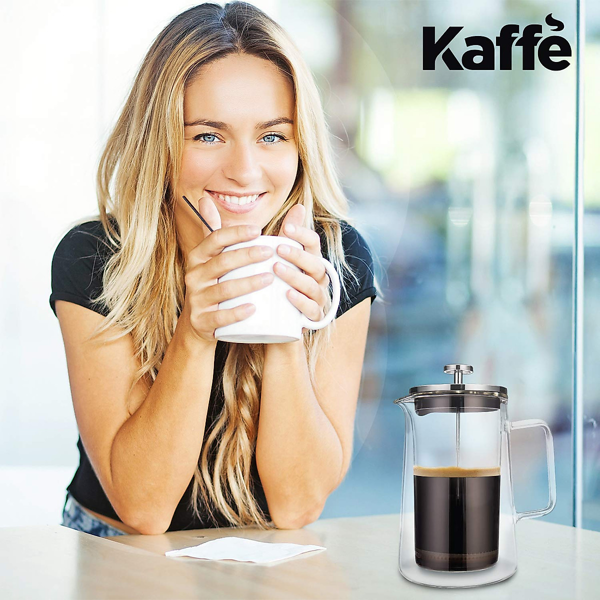 Kaffe Large French Press Coffee Maker & Camping Coffee Pot - Double-Wall Insulated Borosilicate Glass Tea & Coffee Press - Perfect Travel & Camping Cookware (6 cups / 0.8L)