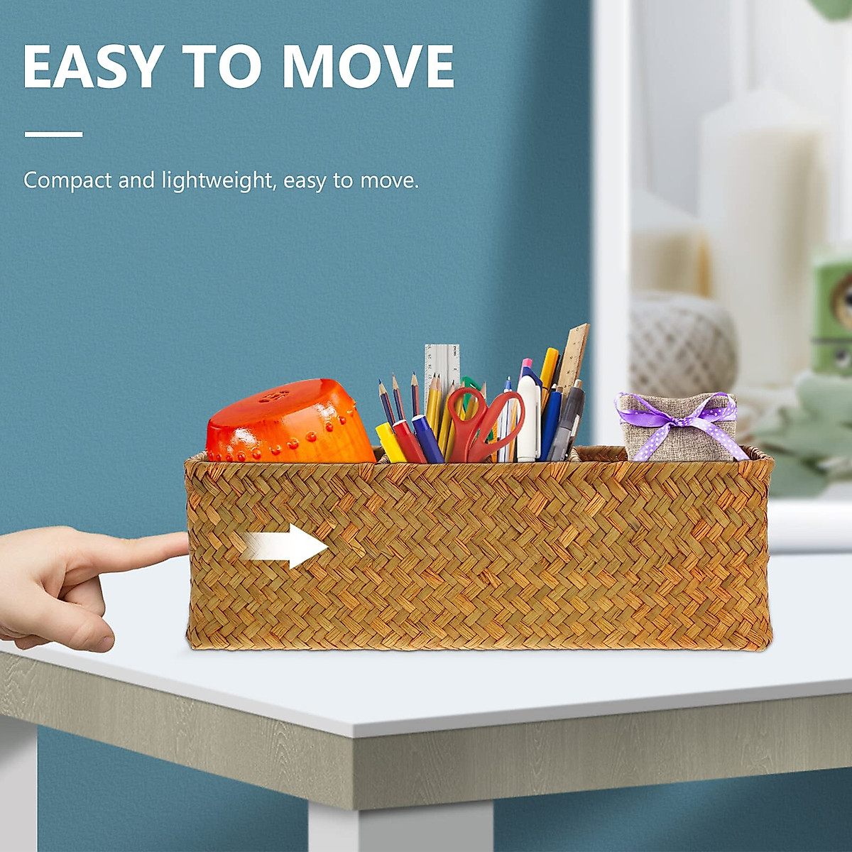 Seagrass Storage Basket 3 Divided Handmade Wicker Basket Organizer Tea Bag Sugar Packet Holder for Coffee Pods Snack Bathroom Paper Coffee