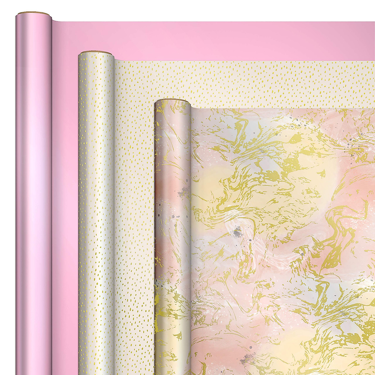 Hallmark Pink and Gold Wrapping Paper with Cutlines and Optional DIY Bow Templates on Reverse (3-Pack: 75 sq. ft. ttl) for Christmas, Birthdays, Weddings, Bridal Showers, Baby Showers, Crafts