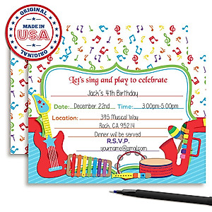 Musical Instruments Sing and Play Themed Birthday Party Invitations, 20 5x7 Fill In Cards with Twenty White Envelopes by AmandaCreation
