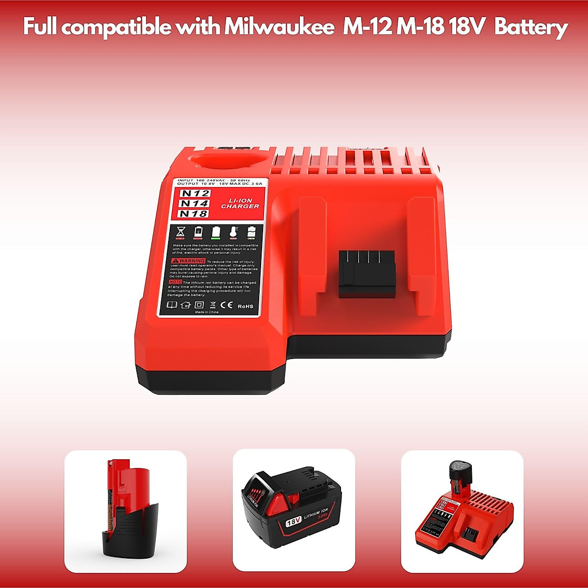 2 Pack 5.0Ah 18V Replacement Lithium ion Battery and Charger for Milwaukee M18 Battery, Compatible with Milwaukee M18 Cordless Power Tools 18V Lithium Battery 48-11-1850 48-11-1840 48-11-1860