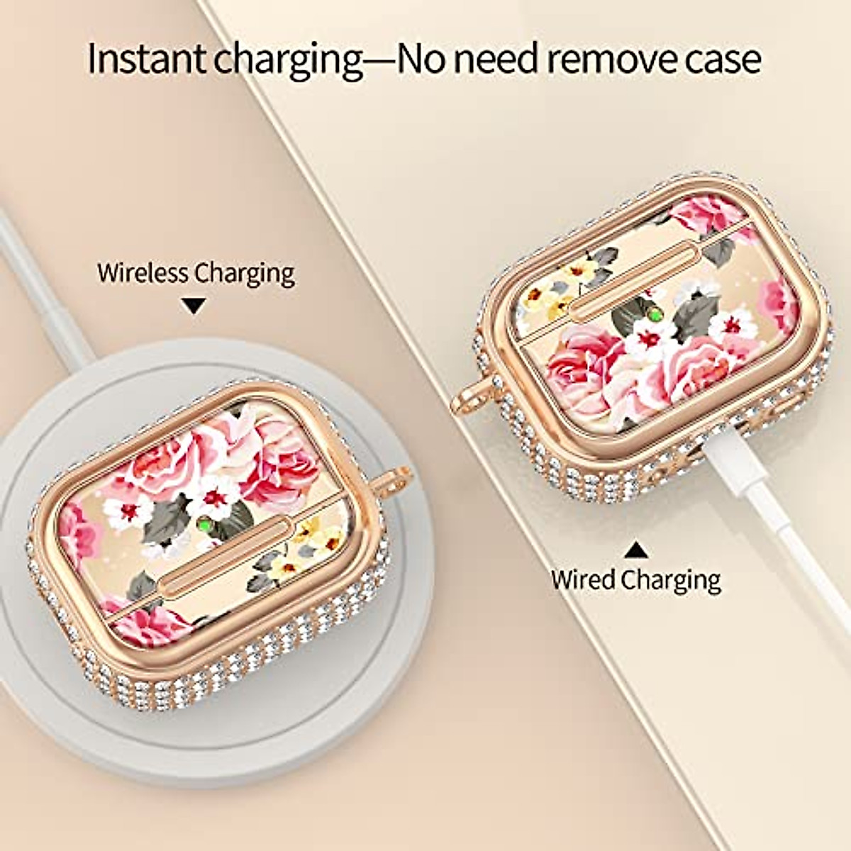 V-MORO for Airpods Pro 2nd Generation Case, Glitter Full Protective Apple Airpod pro 2 Case Cover with Kaychain for Women, Flower Diamond iPod Pro 2022 Wireless Charging Case Girls-Pink Rose