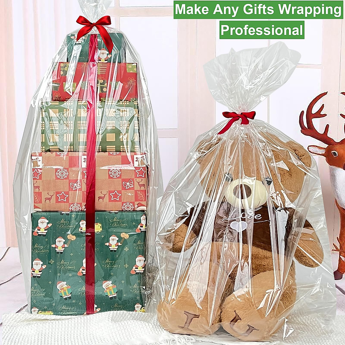 SYOGUA Large Clear Basket Bags, 3 Mil Thick 30" x 40" Jumbo Big Cellophane Bags, Crystal Clear Gift Bags Plastic Cellophane Wrap for Gifts Baskets Packaging 5 Pack