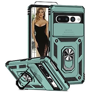 ALYBIT Compatible with Google Pixel 7 Pro Case with Screen Protector & Slide Camera Cover Built-in Ring Kickstand Magnetic Heavy Duty Rugged Shockproof Protective Google Pixel 7 Pro Phone Case -Green
