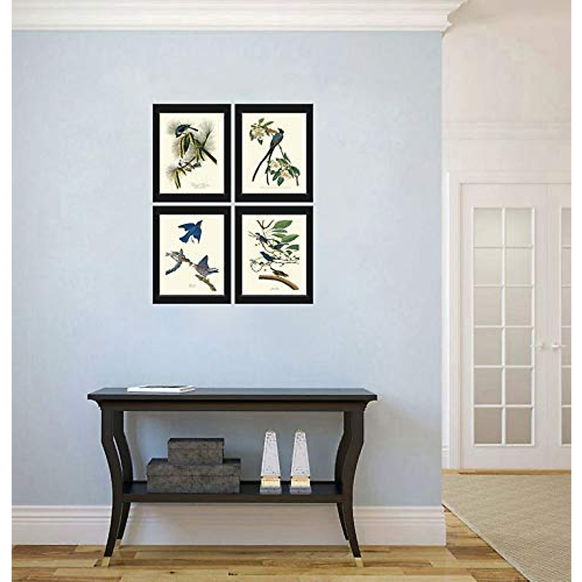 Bird Print Wall Art Set of 4 Prints Beautiful James Audubon Titmouth Fork-tailed Flycatcher Blue Bird Bluebirds Indigo Bird on Pine Tree Blooming Magnolia Flower Home Room Decor Unframed