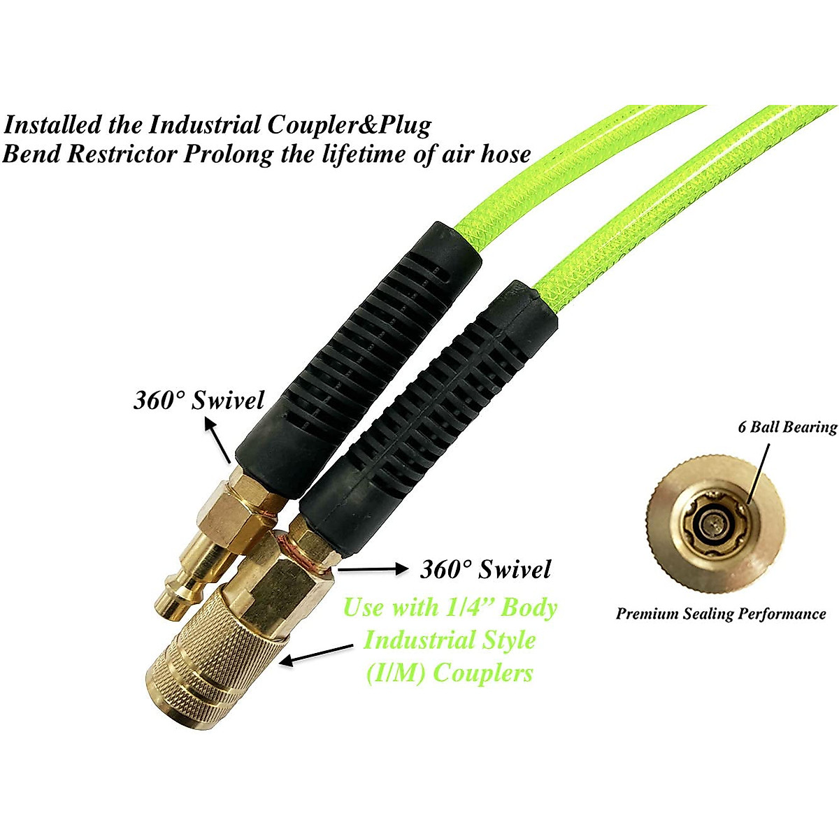 SANFU (PU) Polyurethane Air Hose Reinforced 1/4”ID(6.3 x 9.8mm) x 100ft, Anti-low temperature 300PSI with 1/4-Inch Swivel Solid Brass Quick Coupler and Plug, Emerald Green(100’)