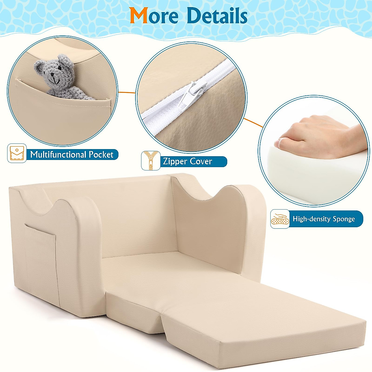 Qmetalart Toddler Couch, Waterproof Kids Toddler Chair, 2 in 1 Kid Couch Fold Out, Premium Kids Couch Sofa Toddler Chairs, Convertible Sofa to Lounger for Baby