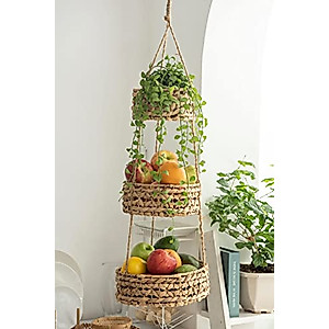 Hanging Fruit Basket Handmade Woven Hanging Basket Kitchen Storage. 3-Tier Fruit Baskets for Produce. Boho Hanging Planter Baskets - Kitchen Produce Storage Eco Friendly Organizer Heavy Duty