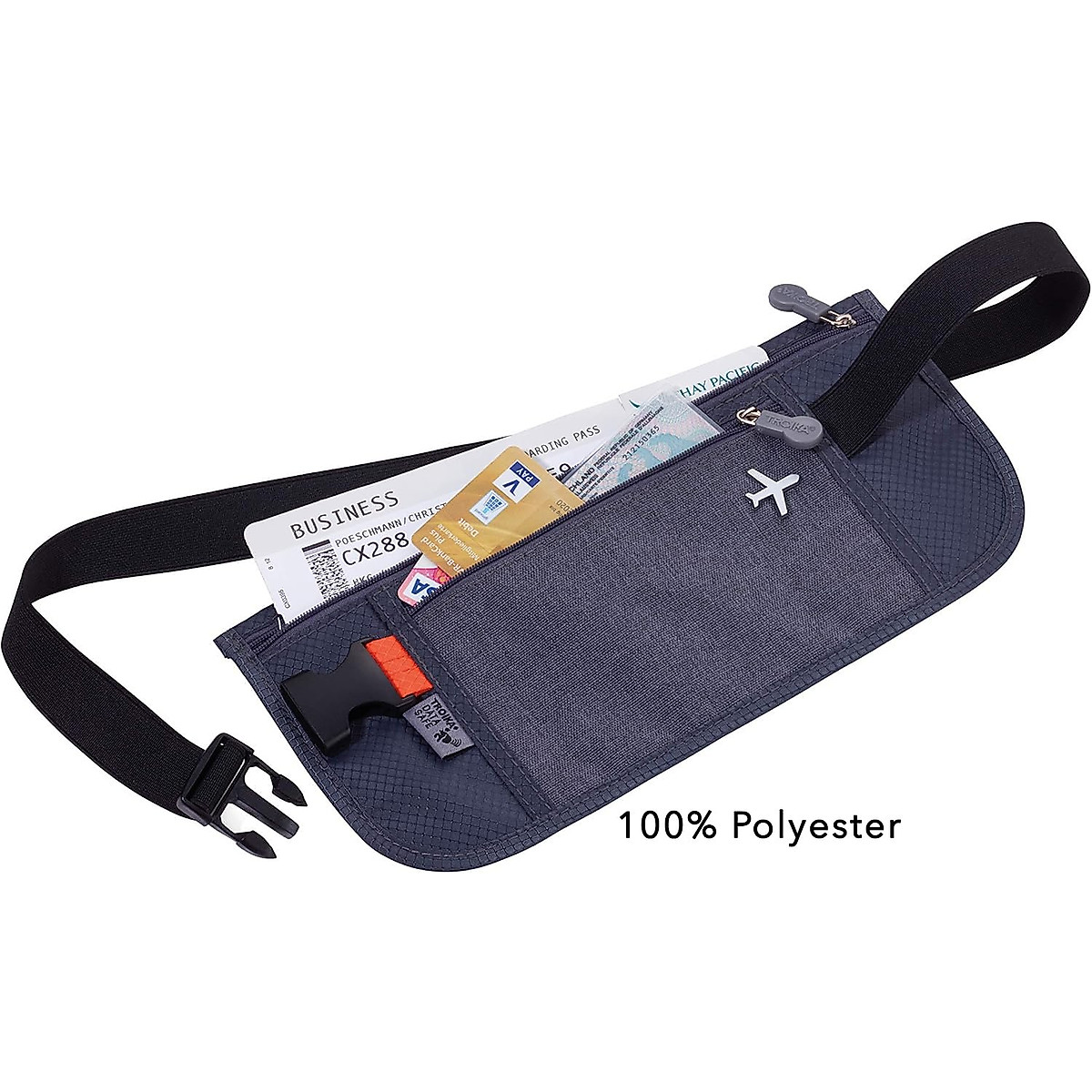 TROIKA SICHERHEITSGURT – BLB20/DB – Belt bag + 2 zipper compartments – money belt –fraud prevention (RFID chips) – for tickets, passport, ID card, driving license, boarding cards – TROIKA-original