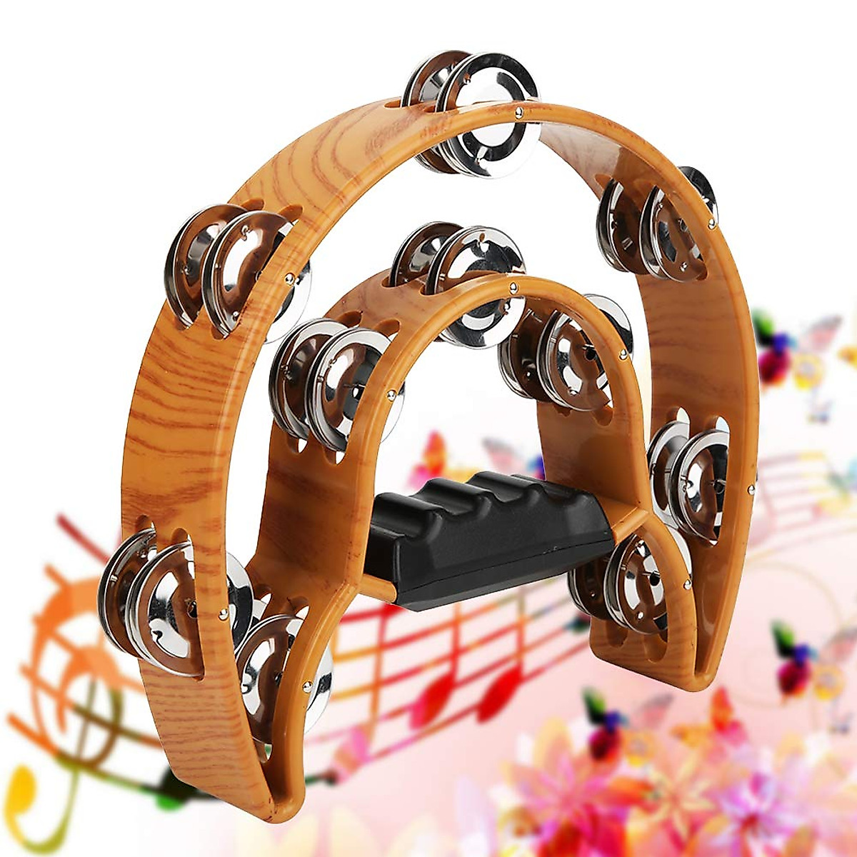 Handheld Tambourine Rattle Double Row Handbell Tambourine Plastic Metal Half Moon Handbell for Musical Education Imitation Wood Color