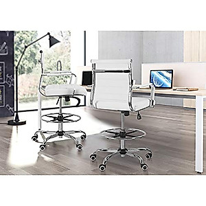 LUCKWIND Drafting Chair Tall Office Chair Ribbed - Mid-Back PU Leather Standing Desk Stool with Adjustable Foot Ring Padded Armrests Tilt-Tension Rocker Lumbar Support Swivel Rolling 400lbs, White