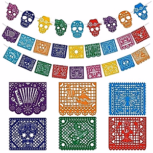 HOWAF 27pcs Day of The Dead Papel Picado Banner, Felt Dia De Los Muertos Sugar Skull Hanging Garland for Mexican Themed Party Decoration Supplies, Colorful Cinco De Mayo Flag Banner