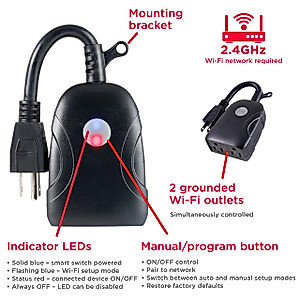 UltraPro Outdoor Wi-Fi Smart Plug, 2 Outlets, Works with Alexa, Echo & Google Home, No Hub Required, App Controlled, ETL Certified, 51405, Black