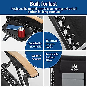 Coastrail Outdoor Zero Gravity Chair Wood Armrest XXL Camping Lounge Chair Patio Recliner Support 400lbs Padded Reclining Chair Folding Lawn Chair with Side Table