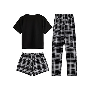 Verdusa Women's 3 Piece Plaid Print Pajama Sets Tee Top and Shorts Pants Pj Set Black L