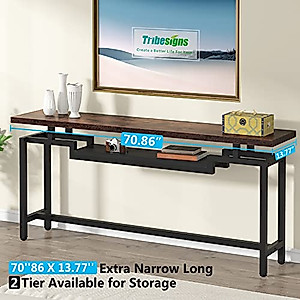 Tribesigns 70 inch Sofa Table, Narrow Long Console Table with 2 Tiers, Industiral TV Console Behind Couch Table with Storage for Entryway, Living Room, Brown & Black