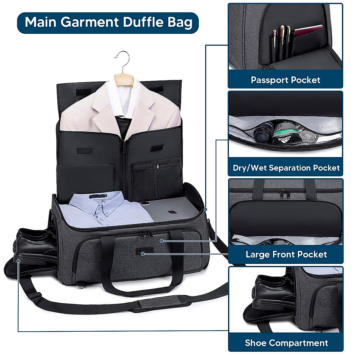 Garment Bags for Travel, Convertible Garment Duffle Bag for Men Women, Carry On Garment Bag Backpack, 4 in 1 Travel Suit Bag with Shoe Compartment, Large Weekender Bag-Dark Grey
