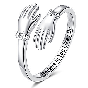 ZOEXUE Inspirational Jewelry Hand Rings: Sterling Silver Hug Rings for Women Adjustable Open Stacking Hugging Ring Believe In You Like I Do - Personality Encouragement Jewelry Gifts for Women Ladies