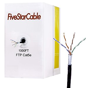 FiveStarCable 1000Ft Cat5e FTP 24AWG Outdoor Shielded Waterproof Direct Burial Rated 350MHz Bulk Ethernet Router LAN Cable Black (1000Ft, Cat5e(FTP))