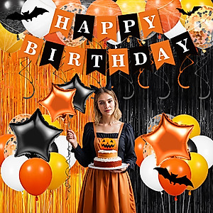 Orange Birthday Decorations Halloween Birthday Party Supplies Orange Black Happy Birthday Banner Balloons Arch Kit Fringe Curtain for Fall Autumn Halloween Birthday Baby Shower Party Decorations