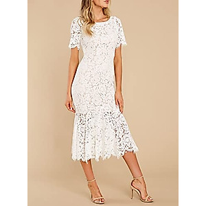 MERMAID'S CLOSET Womens White Floral Lace Midi Bodycon Cocktail Dress Elegant Wedding Guest Party Long Mermaid Dress