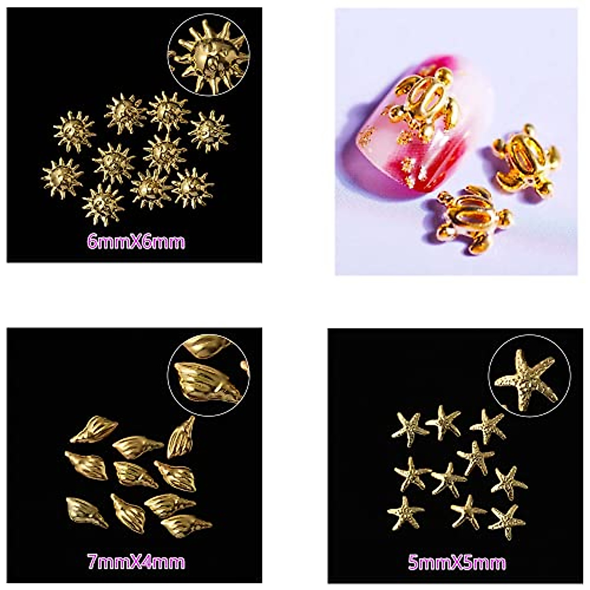 12Styles Nail Art Metal Studs Gold Metallic 3D Pieces Rivet Palm Tree Turtles Marine Life Charms for Summer Beach Ocean Manicure DIY Acrylic Nails Design Supply (Gold Ocean Studs)