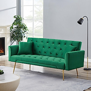 STELSIPLIY 72" Velvet Futon Sofa Bed with Metal Legs&2 Pillows, Modern Sleeper Sofa Couch, Upholstered Convertible Loveseat with Adjustable Backrest, Living Seat for Home Office Apartment,Green