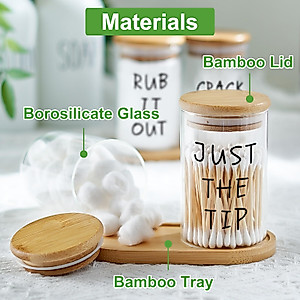 FyndraX Bathroom Organizer Holder Jars Set of 4, Funny Decor Qtip Glass Canister Containers for Guest Room, Restroom and Washroom Storage of Cotton Ball, Cotton Swab, Cotton Round Pads, Floss