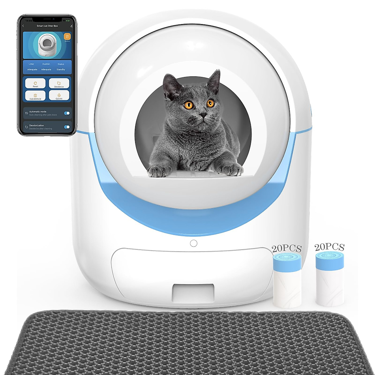 CATLK Self Cleaning Cat Litter Box, Automatic Cat Litter Box for Multi Cats with APP Control, Smart Cat Litter Box with Garbage Bags & Mat & Brush, Anti-Pinch/Odor Removal/Easy Clean, 1-Year Warranty