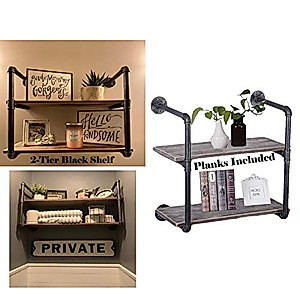 LoftPaipes Industrial Pipe Shelf Wall Mounted,24in 2 Tier Rustic Metal Floating Shelves,Steampunk Real Wood Book Shelves,DIY Bookshelf Hanging Wall Shelves,Farmhouse Kitchen Bar Shelving
