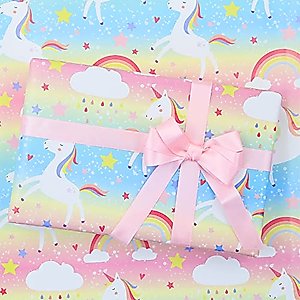 Birthday Wrapping Paper For Kids Girls Boys, Unicorn Design Gift Wrapping Paper for Birthday Baby Shower with 78.7 inches Ribbon, 4 Sheets Folded Flat 20x28 inches per sheet