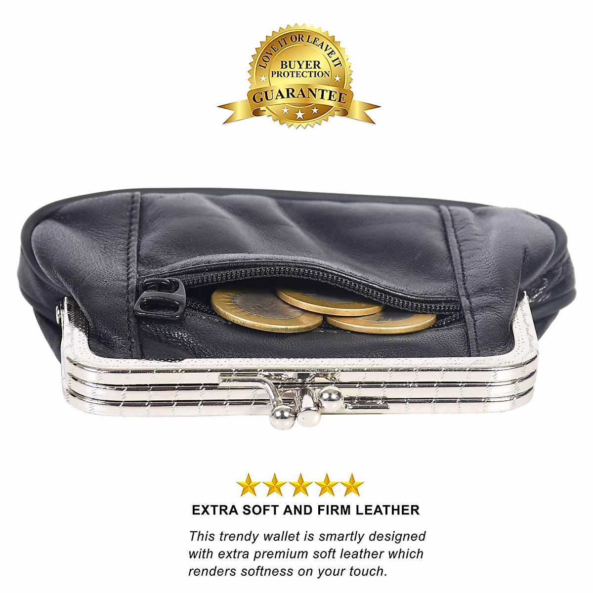 Women's Leather Metal Frame Double Clasp Zipper Coin Purse 5 1/4" x 3 1/4" (Black)