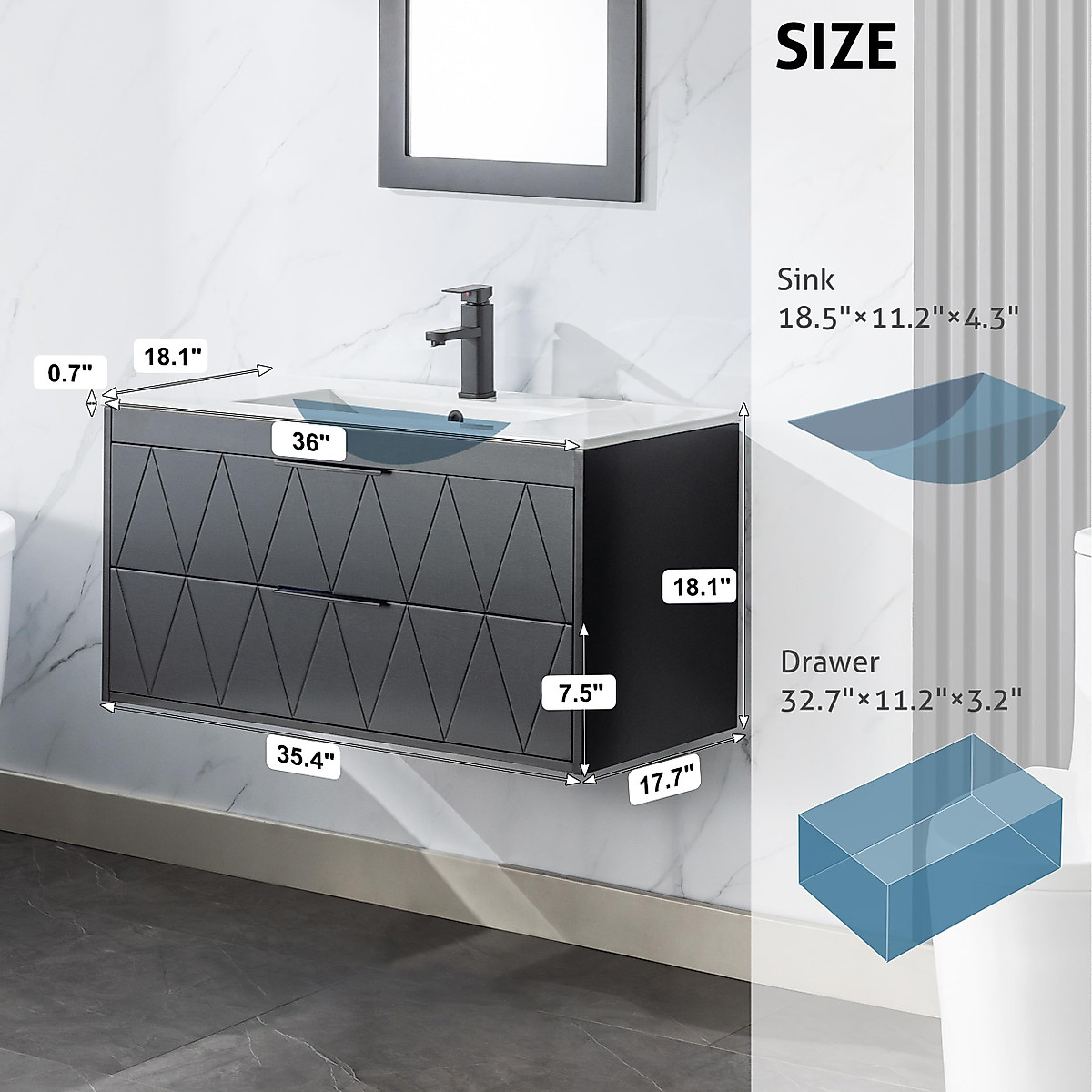 eclife 36" Bathroom Vanities Cabinet with Sink Combo, Wall Mounted Floating Cabient with Decoration Lines, Soft-Close System, 2 Extra Big Drawers, Matte Black Faucet, Black, THKFSF022