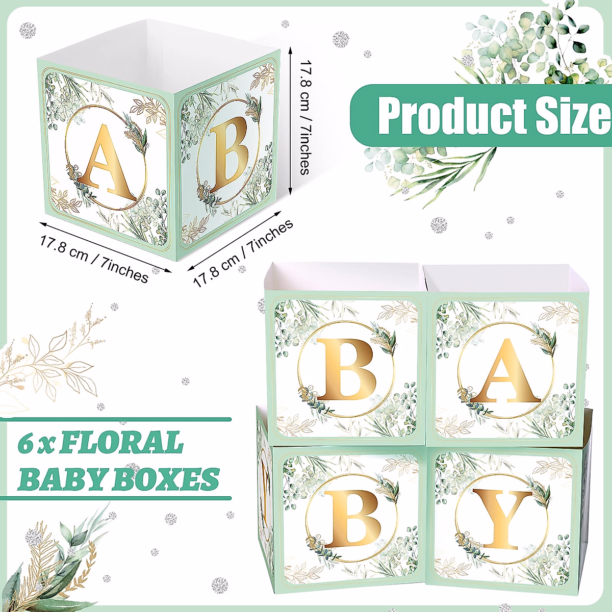 Bucherry 6 Pcs Baby Shower Party Decorations Baby Flower Boxes Centerpiece Rustic Table Display with Letters Gender Reveal Party Favor Block Holder(Green,Sage Green Leaf)