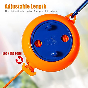 Portable Travel Clothesline, 26-Foot Retractable Clothesline with 10 Stoppers and 20 clothespins, Adjustable Indoor/Outdoor Laundry Line for Hotel, Cruise, Backyard