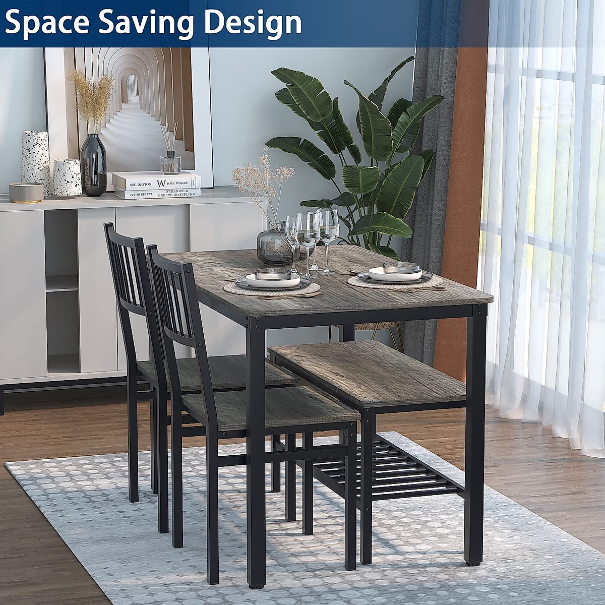 Teraves Dining Table Set for 4/Computer Desk,Kitchen Table with 2 Chairs and a Bench,Table and Chairs Dining Set 4 Picce Set for Dining Room (Black Oak+Black Frame,120CM)