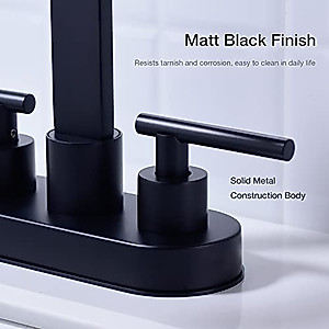 DIKUROOMS Bathroom Faucet 2 Handle 4 Inch Centerset Lavatory Vanity Sink Faucet with Overflow Pop-Up Drain and cUPC Water Supply Lines, Square Shaped 360 Degree Swivel Waterfall Spout, Matte Black
