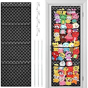 KOHUIJOO Stuffed Animal Storage, Stuffed Animal Holder, Over Door Hanging Mesh Storage Organizer Net Bags for Stuffed Animals Baby Toy Plush Storage for Nursery and Kids Room with Support Rods(Black)