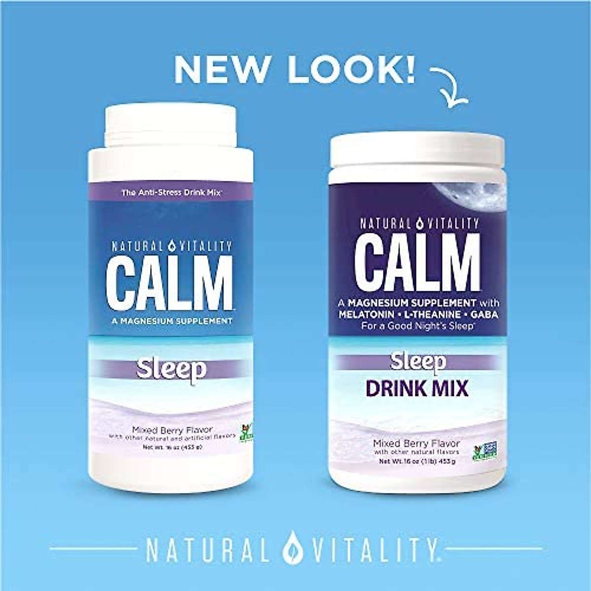 Natural Vitality Calm Sleep, Melatonin & Magnesium Citrate, Sleep Aid Drink Mix, GABA, Sleep Aid, Vegan, Gluten Free & Non-GMO, Mixed Berry, 16 Oz