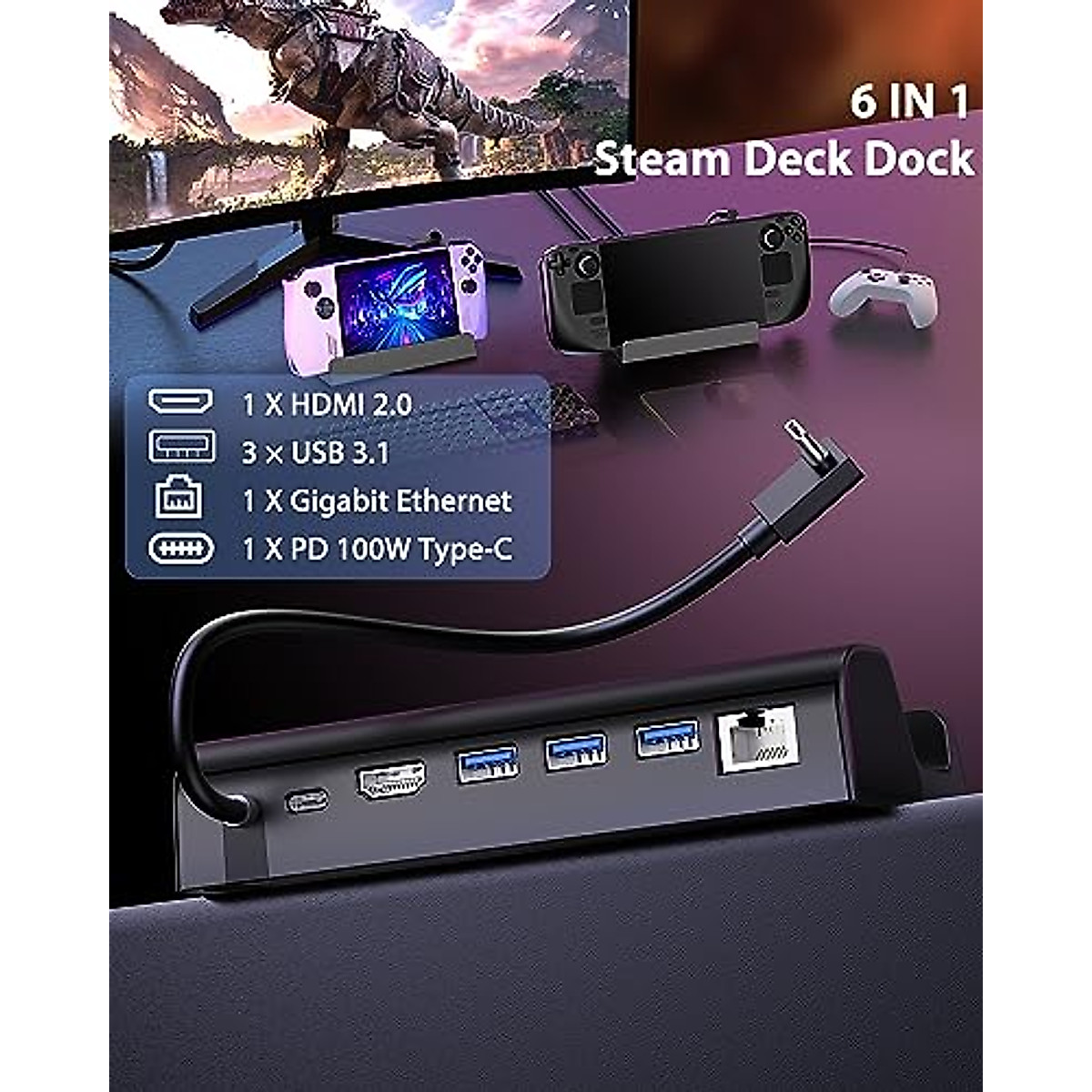 Antank 6-in-1 Docking Station for Steam Deck/ROG Ally, Steam Deck Dock with HDMI 2.0 4K@60Hz Gigabit, 1000Mbps Ethernet, 100W PD Fast Charging and 3 USB-A 3.0 USB-C Port for Valve Steam Deck OLED