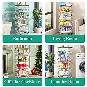 Fruit Basket for Kitchen with Wood Top 5 Tier, SAYZH Stackable Fruit and Vegetable Storage Cart, Wire Storage Basket with Wheels, Vegetable Basket Bins Rack for Onions and Potatoes, White