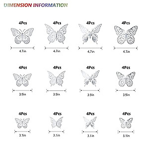 SAOROPEB 3D Butterfly Wall Decor, 48 Pcs 4 Styles 3 Sizes, Removable Metallic Wall Sticker Room Mural Decals for Kids Bedroom Nursery Classroom Party Decoration Wedding Decor DIY Gift (Sliver)