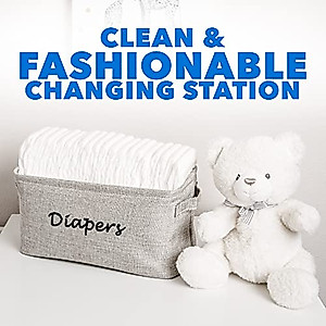 Dejaroo - Baskets for Organizing Diapers and Newborn Essentials, Baby Diaper Caddy Organizer, Embroidered Baby Shower Gifts for Moms, Linen Basket with Handle, 12 x 6 x 6 Inches, Grey