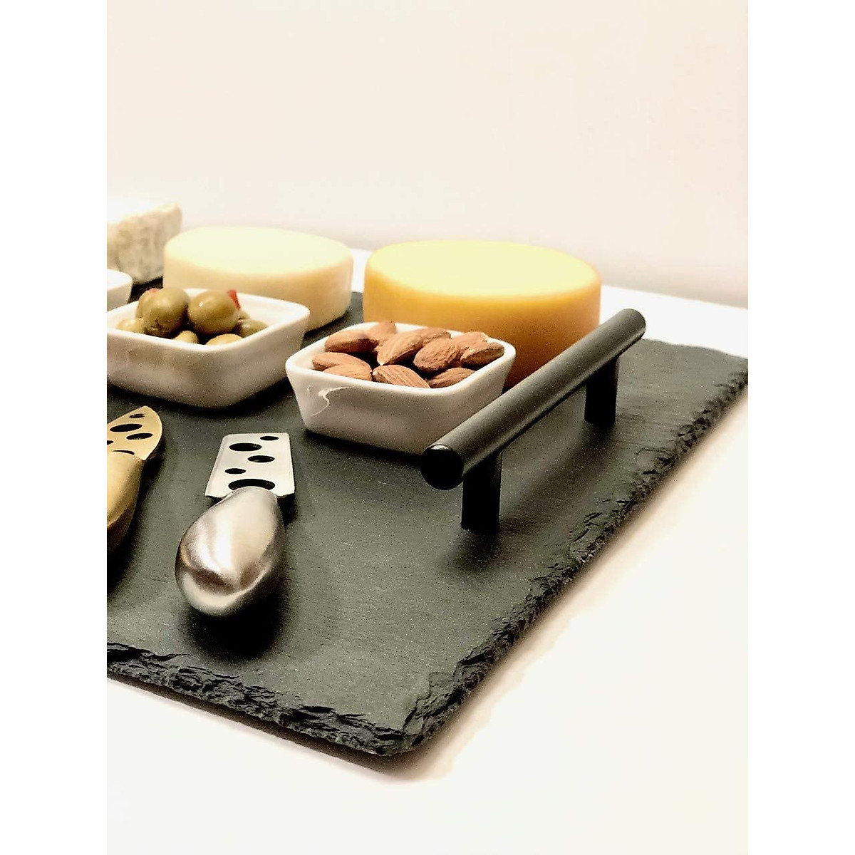 Natural Slate Cheese Board and Knife Set | Charcuterie Board Cheese Knives and Spreader set 14 Pieces 16" x 12" Serving Tray with Black Handle Ceramic Bowls Soapstone