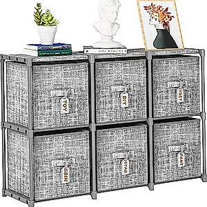 LUKYTOWER Cube Storage Organizer Shelf with 6 Printed Bins + Labels, Cubby Storage Organizer with Bins, Large Capacity Shelves for Storage,Closet, Living Room, Dorm, Yarn